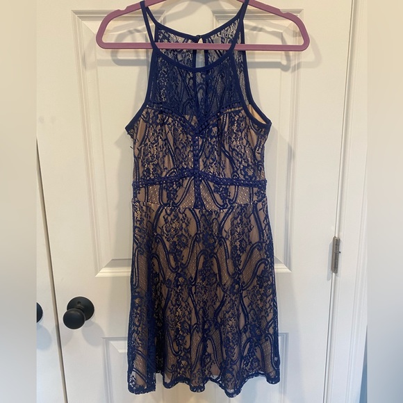 Francesca's Collections | Dresses | Navy Blue Lace Dress With Nude ...